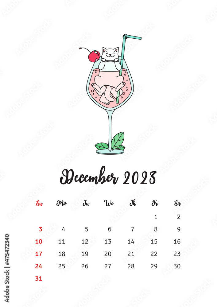 December 2023 calendar. Calendar template decorated with a cute white ...
