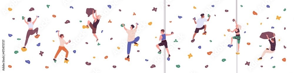 People climbing up indoor in bouldering park. Climbers training on ...