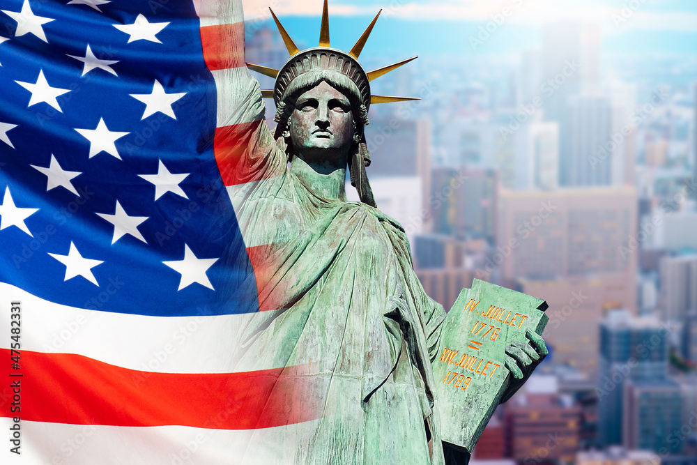 American symbols. United States of America flag. Statue of Liberty on ...