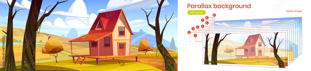 Wooden farm house with agriculture fields and garden in autumn. Vector ...