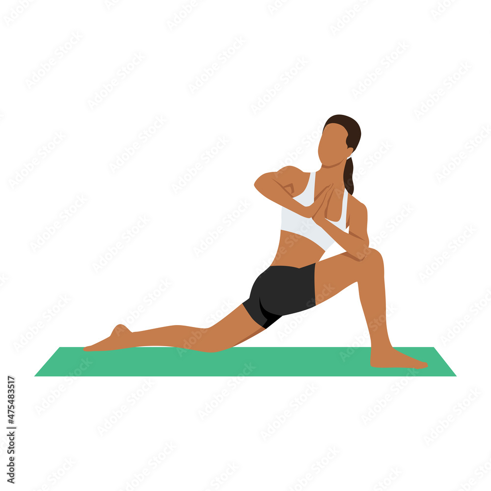 Woman doing Parivrtta Anjaneyasana. Revolved lunge pose. High lunge ...