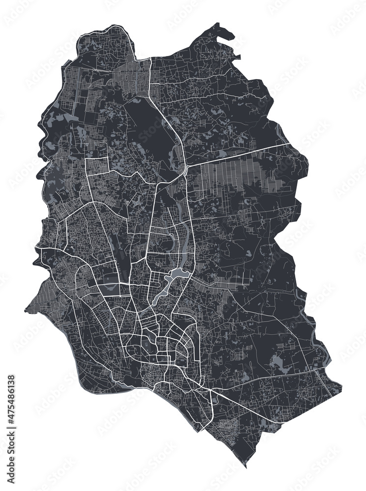 Dhaka vector map. Detailed black map of Dhaka city poster with streets ...
