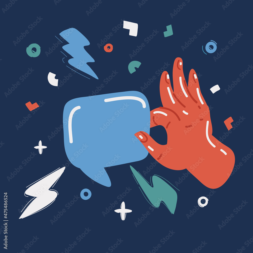 Cartoon vector illustration of Hand holding a blue blank speech bubble ...