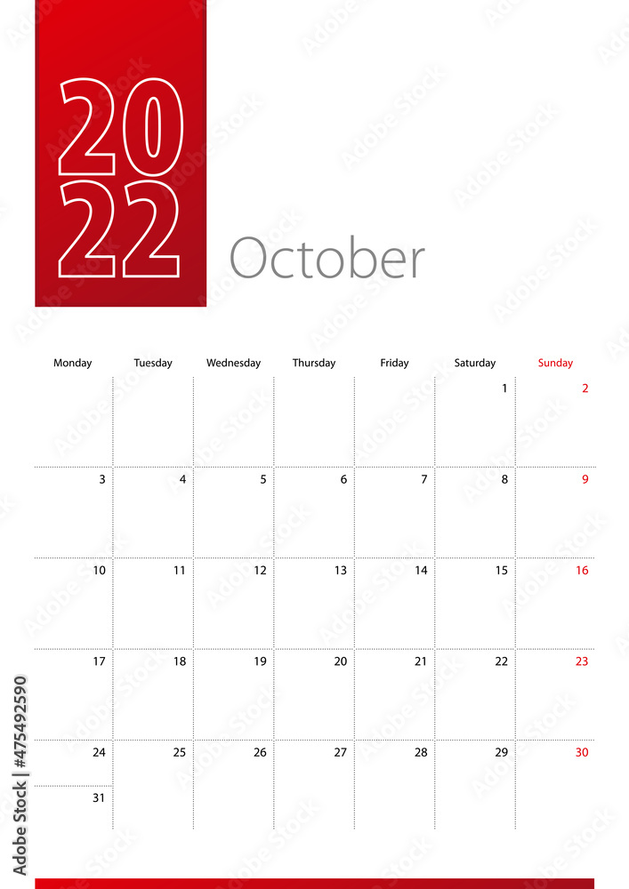 October 2022 calendar design. Week starts on Monday. Vertical calendar ...