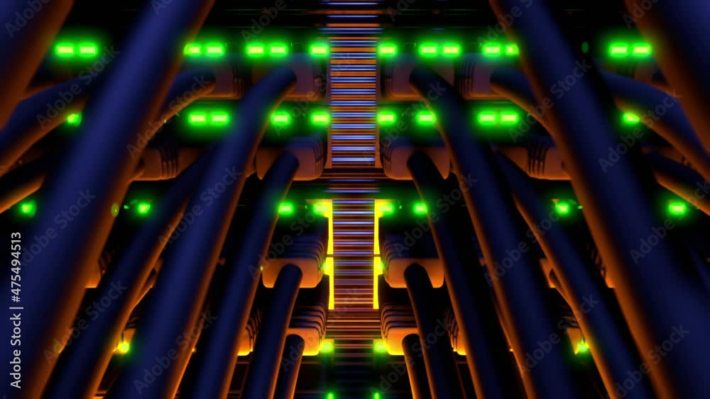 Netwok datacenter server room flying along cable patch cord connectors ...