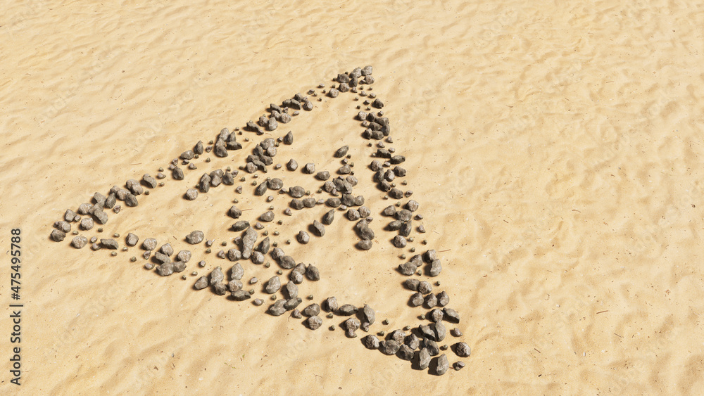 Concept conceptual stones on beach sand handmade symbol shape, golden ...