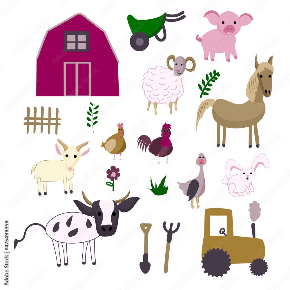 Farm animals, buildings and object set. Vector illustration ...