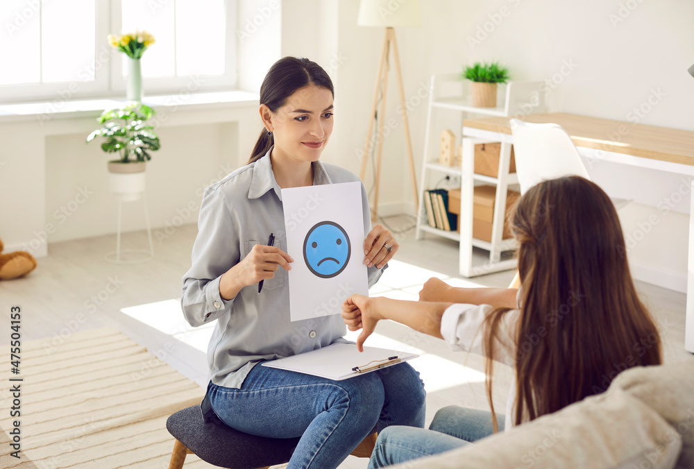 Professional therapist or psychologist showing sad unhappy emoticon ...