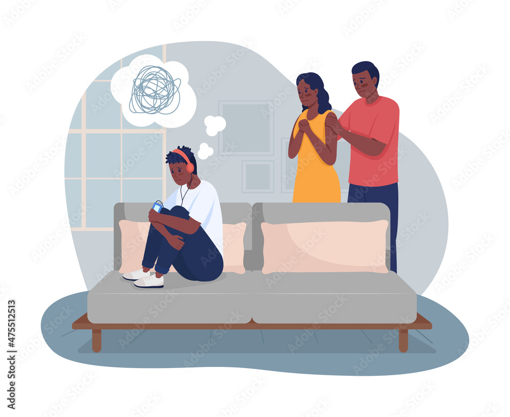 Coping with depressed teenager 2D vector isolated illustration. Worried ...