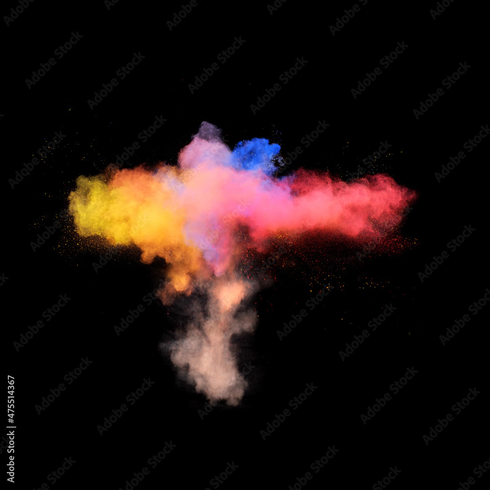 Bizarre forms of multi colored powder paint explode into a cloud in ...