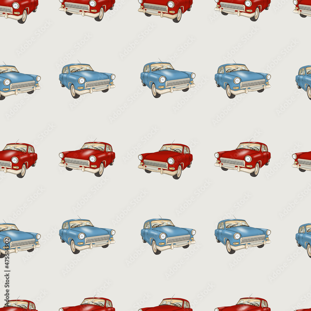 Retro automobile seamless pattern . Red and blue cars.Old classic cars ...