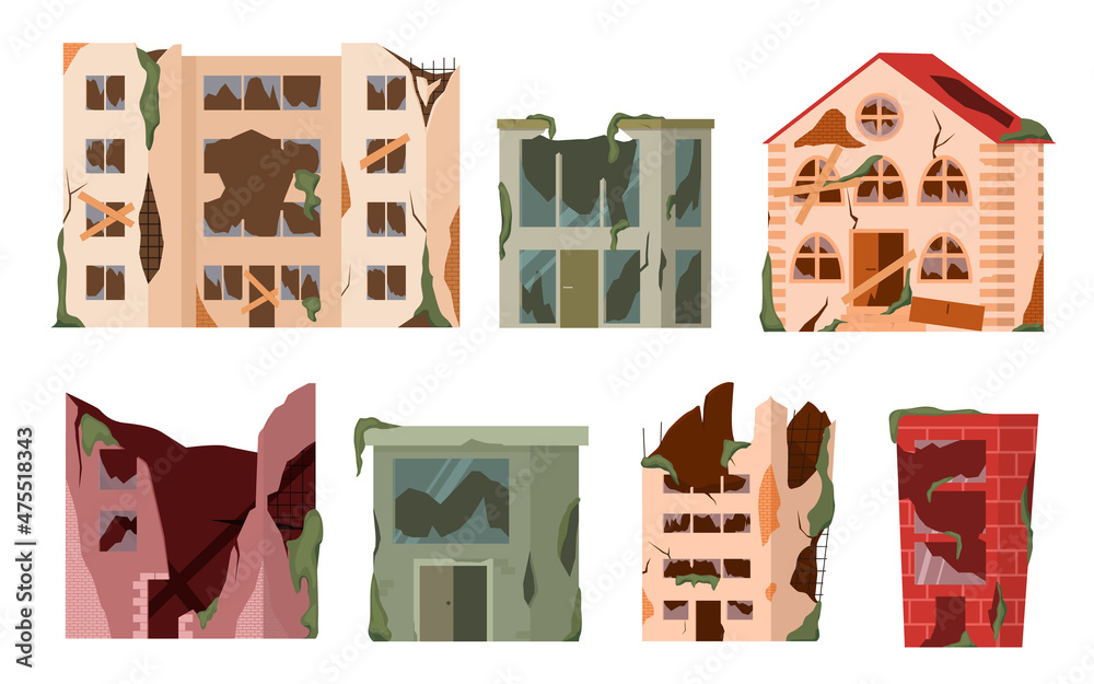Cartoon city with ruined buildings after earthquake, disaster or war ...