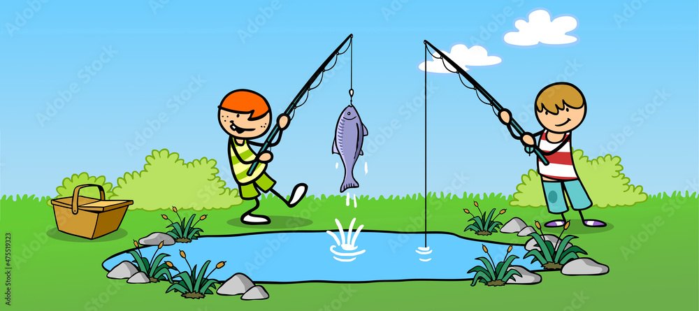 Zwei Kinder mit Fisch an Angel am See beim Angeln Stock Illustration ...