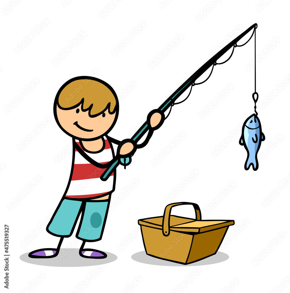 Cartoon Kind mit Fisch an der Angel beim Angeln Stock Illustration ...