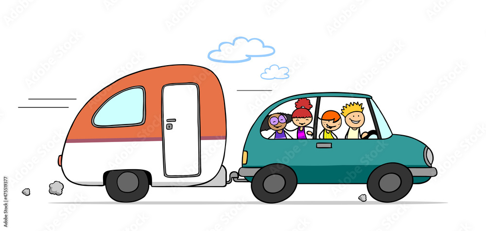 Jugendliche fahren Auto mit Wohnwagen im Urlaub Stock Illustration ...