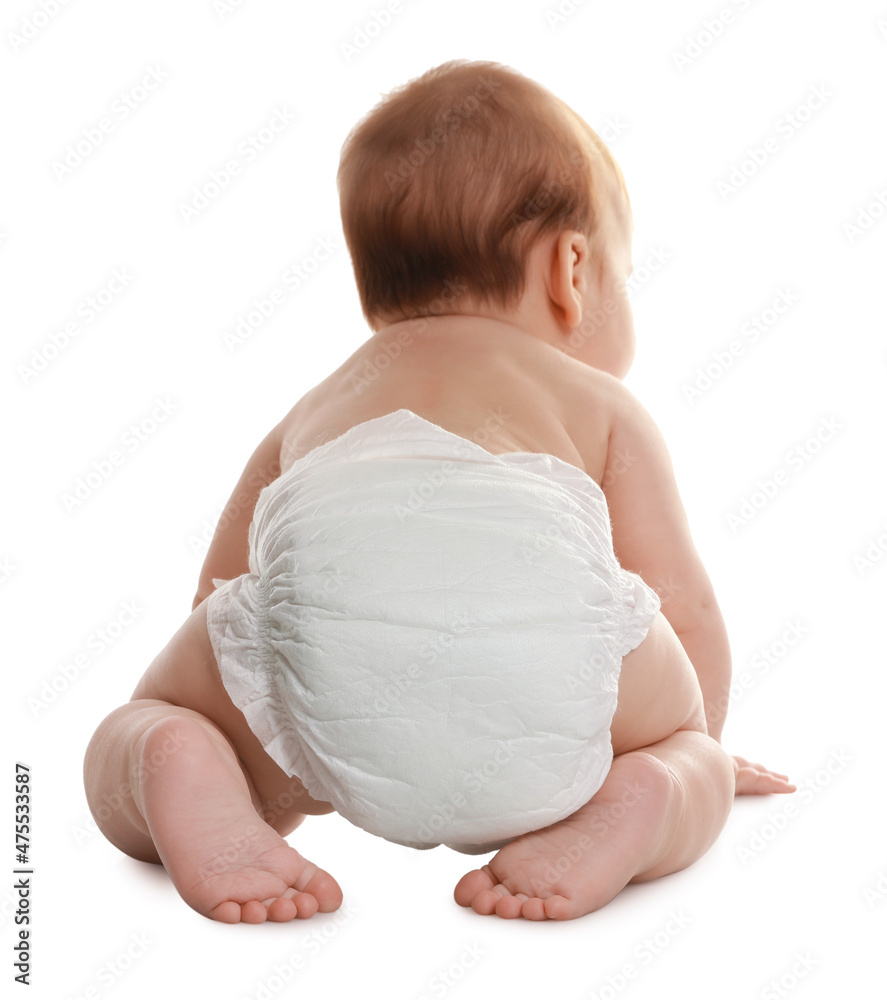 Cute little baby crawling on white background, back view Stock Photo ...