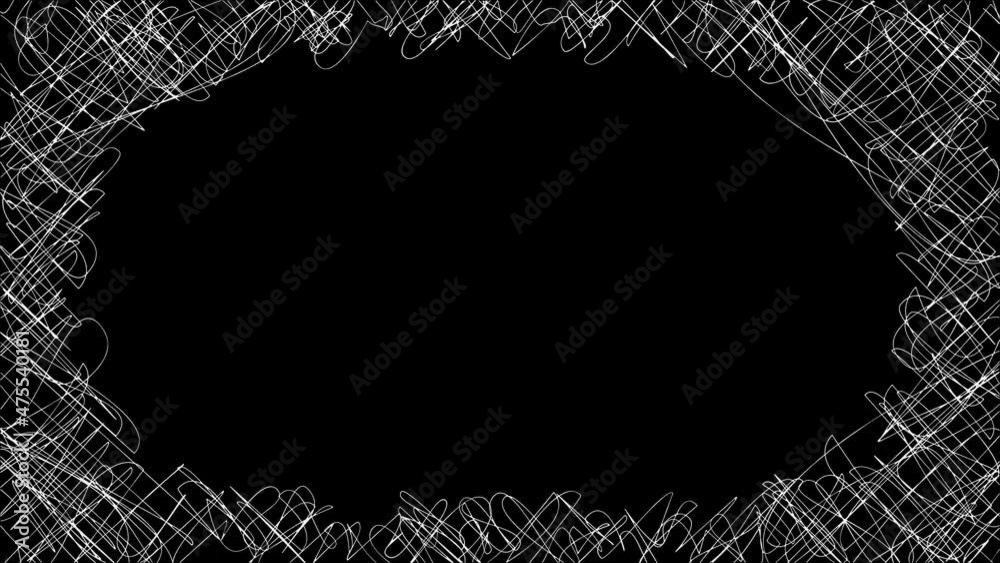 White pen scribbles frame on black background. Animated vignette ...