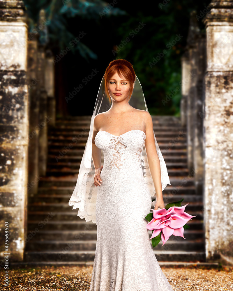 Portrait of a beautiful red haired bride in a white wedding dress and ...