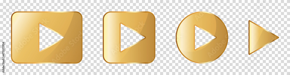 Gold play buttons set. Vector illustration isolated on transparent ...
