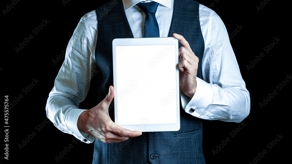 Screen mockup. Empty blank tablet in businessman hand. Mock up screen ...