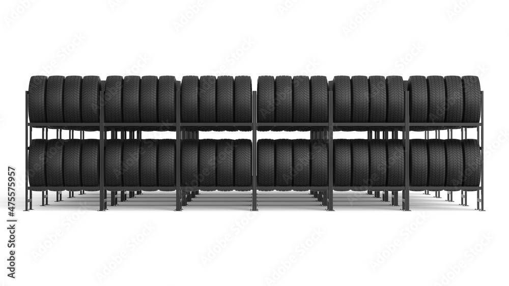 Car tires on rack. Car tires on rack. 3d illustration. Stock ...
