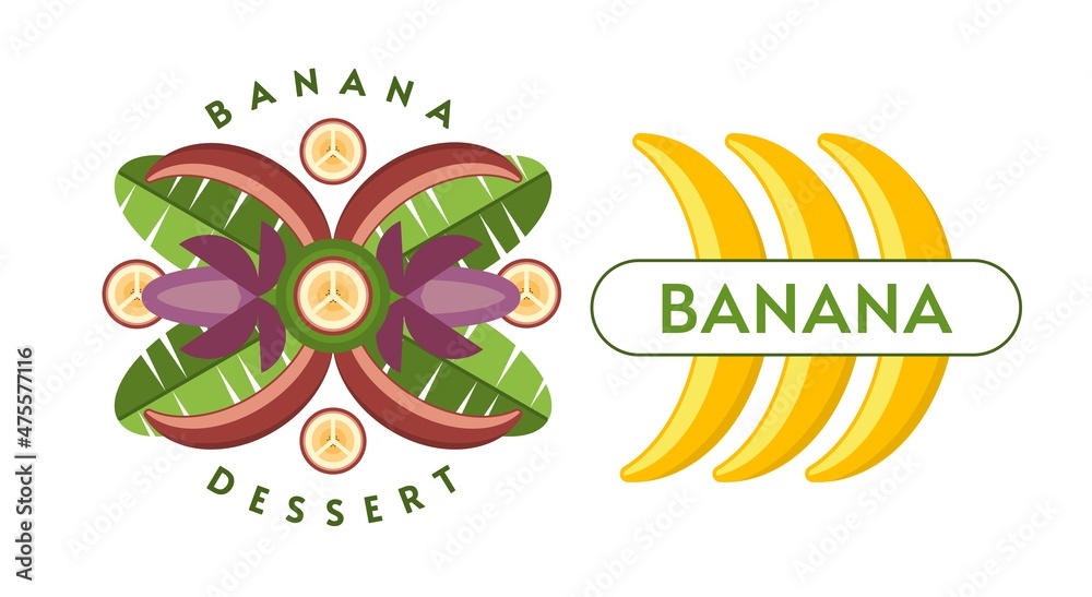 Set of logos, emblems, badges with yellow, red bananas, banana flowers ...