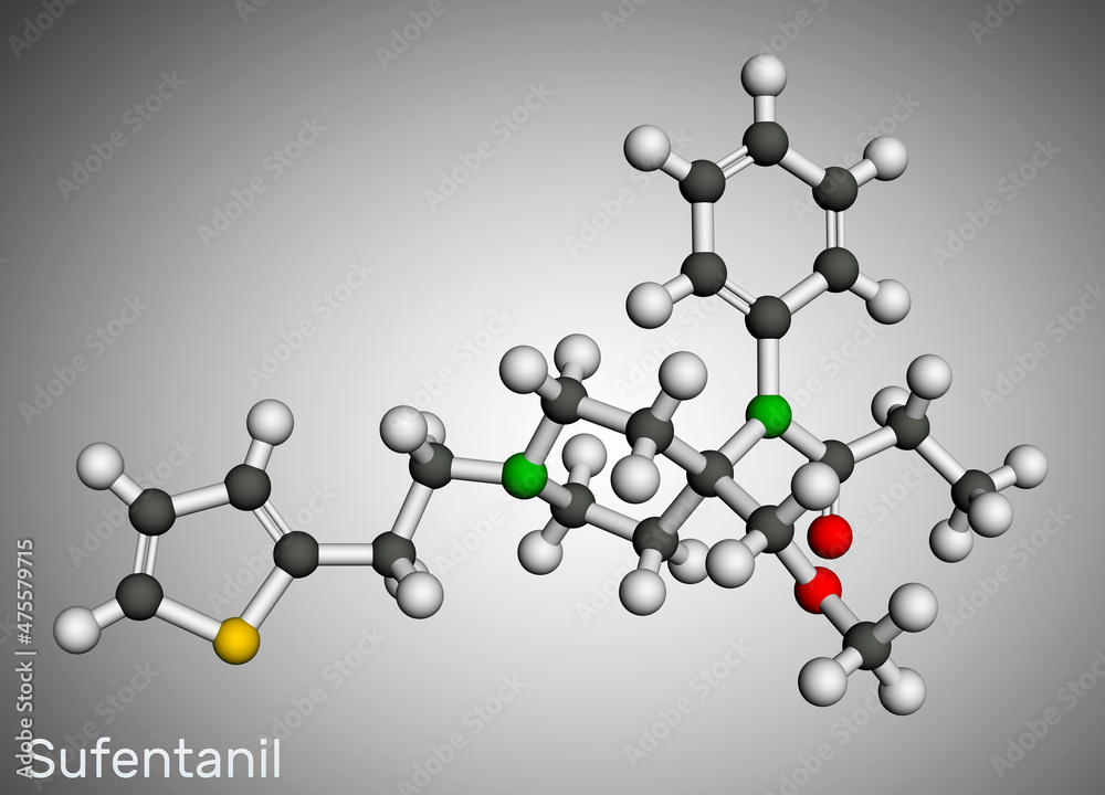 Sufentanil molecule. It is opioid analgesic, anesthetic agent, used to ...