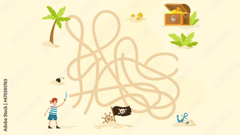 Maze or riddle video concept. Moving pirate boy stands in front of ...