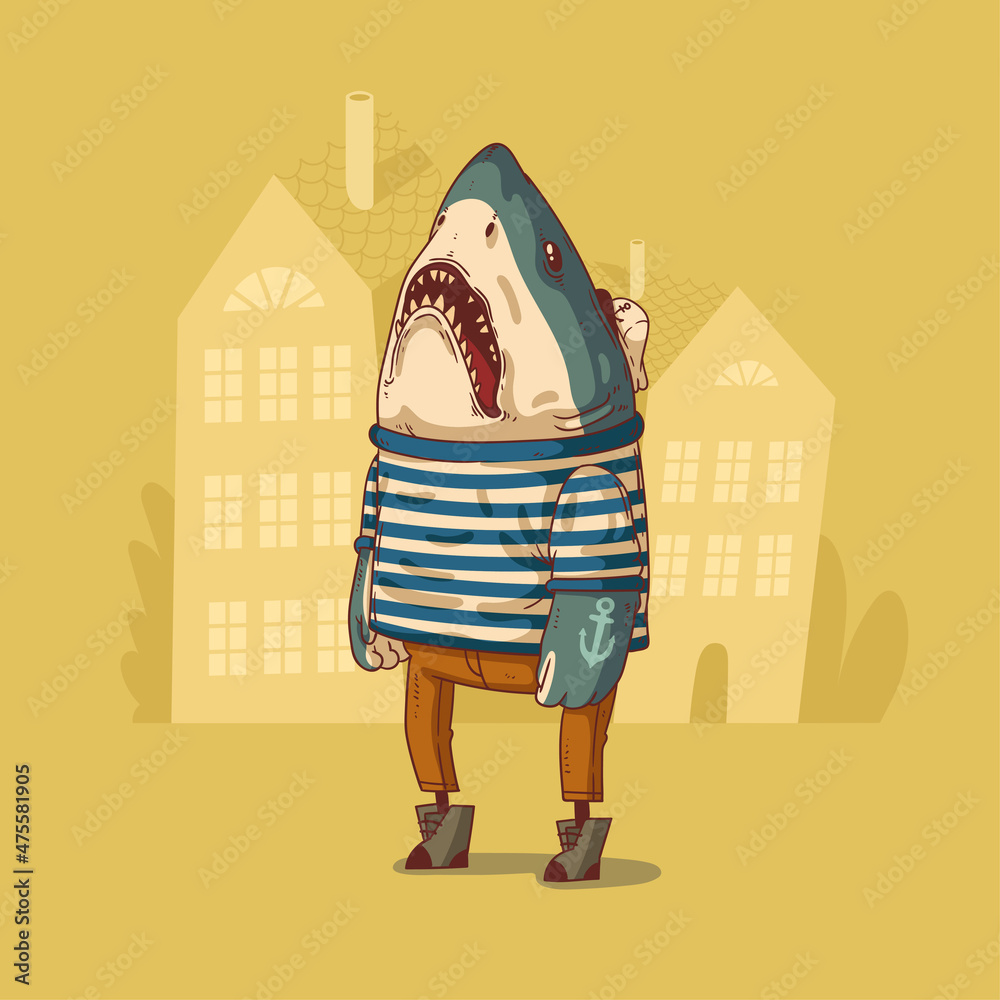 Sailor shark, vector illustration. Anthropomorphic shark, with massive ...
