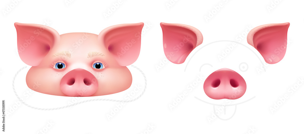 Stockvektorbilden Half mask of pig, ears and nose. Vector elements for ...