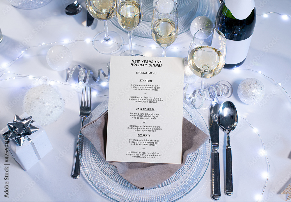 Cardboard Restaurant Menu on a Plate of Festive White Holiday Table ...