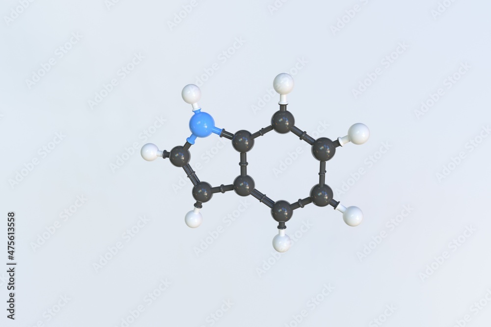 Molecule of indole, isolated molecular model. 3D rendering Stock ...