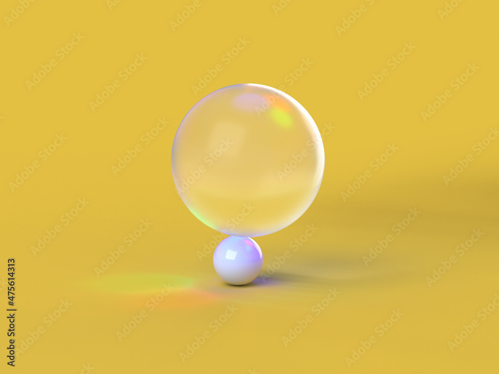 3D rendered round shapes in transparent material on a yellow background ...