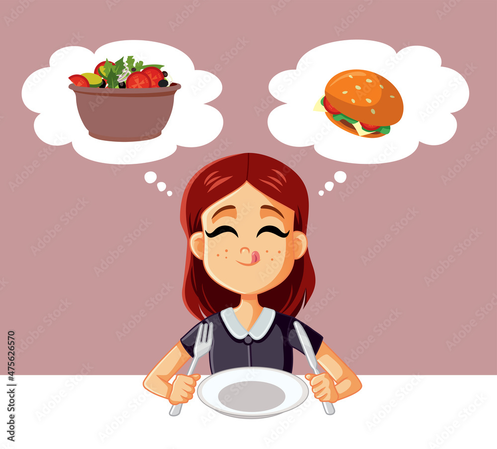 Hungry Girl Thinking What to Order in a Restaurant Vector Cartoon Stock ...