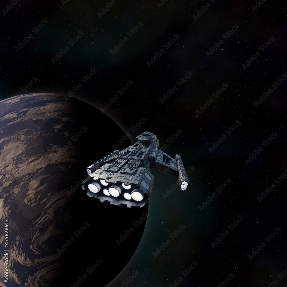 Spaceship on Planetary Approach towards an Alien World, 3d digitally ...