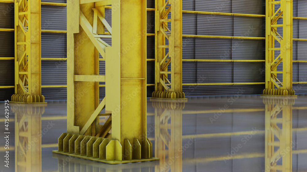 Factory shed with yellow steel beams with details of screws and cables ...