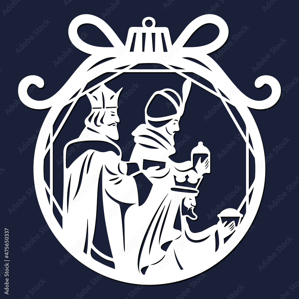 Laser cut template of Christmas ball depicting the three wise men. Three biblical Kings: Caspar ...