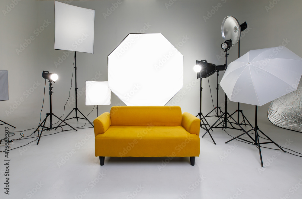 Studio shot fashion backstage photographing shooting set with yellow ...