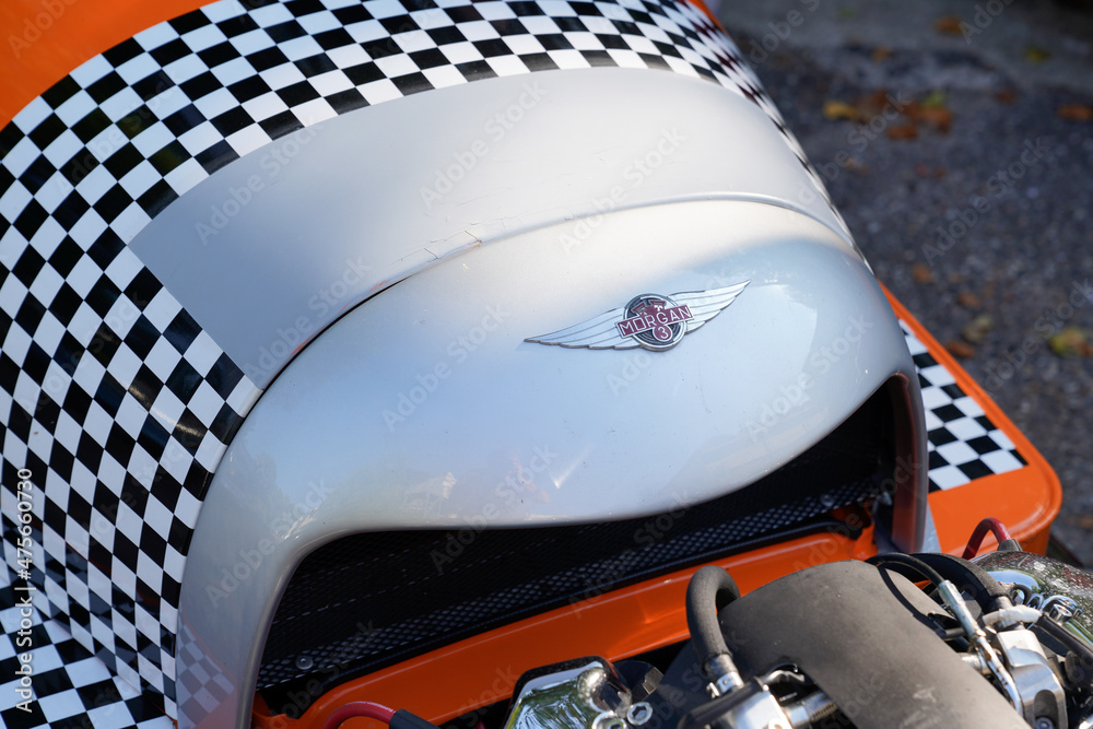 Morgan Three wheeler racing vintage british car with logo sign and ...