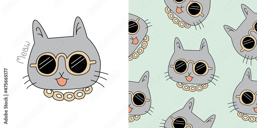 rich cat cute cartoons pattern. cat wearing a gold necklace and ...
