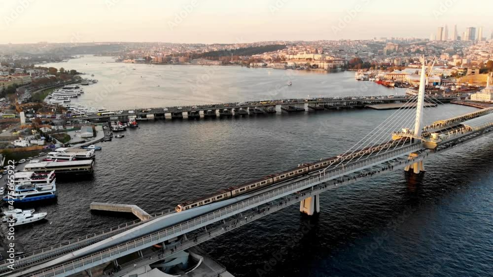 Drone shot of the Golden Horn Bridge in Istanbul. Cable-stayed bridge ...