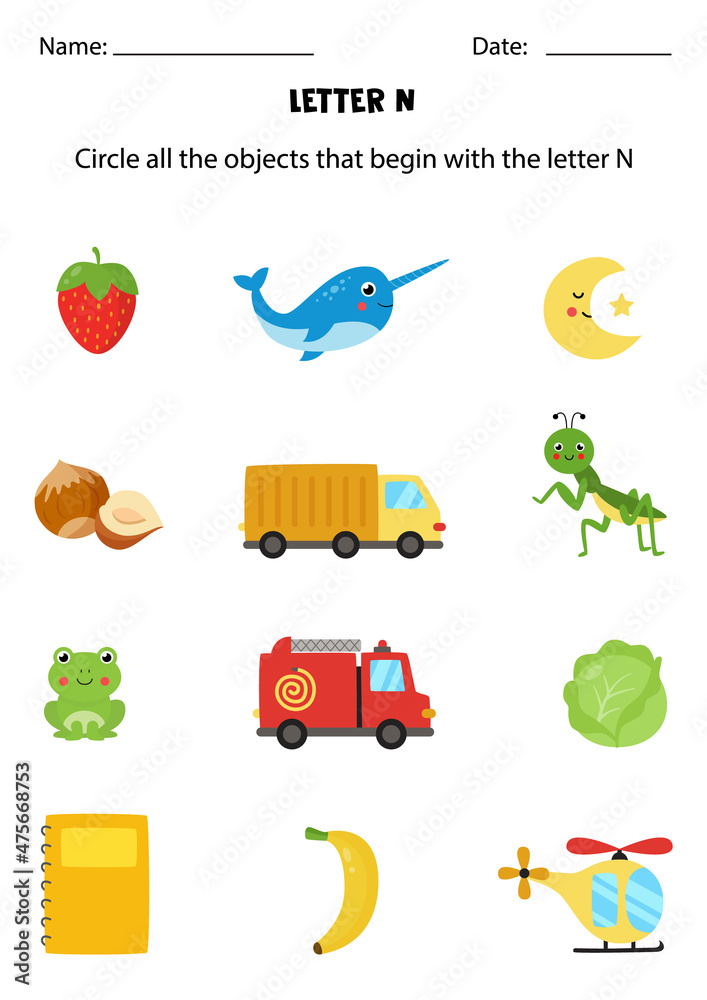 Letter recognition for kids. Circle all objects that start with N ...