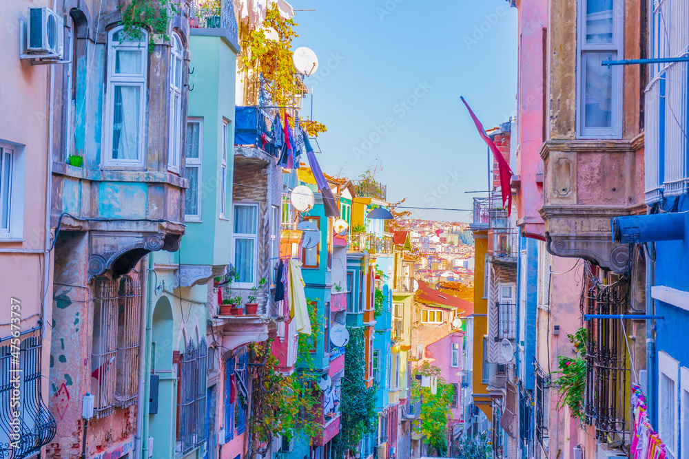 Colorful Houses in old city Balat. Balat is popular touristic ...