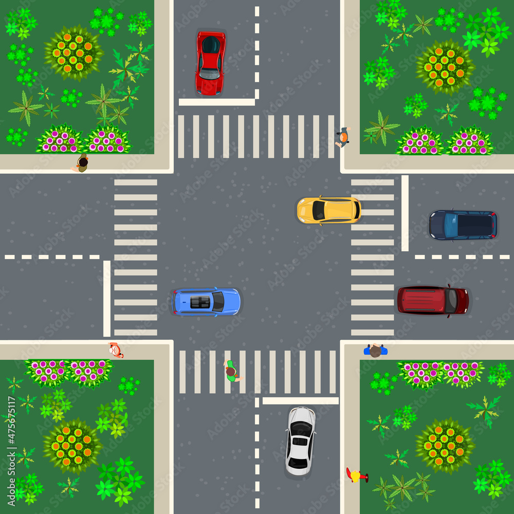 Crossroad top view with cars, roads, and people on sidewalk and ...