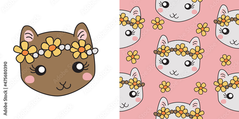 cat wearing a crown floral pattern. Cat prin on white, pink background ...