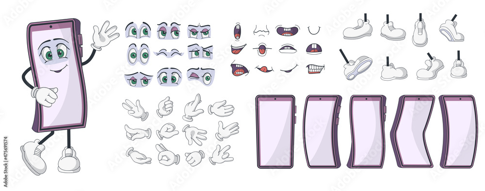 Smartphone characters kit. Cartoon phone animation construction kit ...