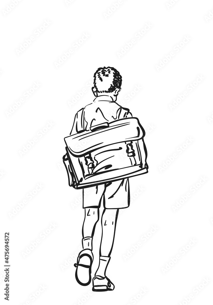 Schoolboy with awry large retro backpack walking away with his head ...