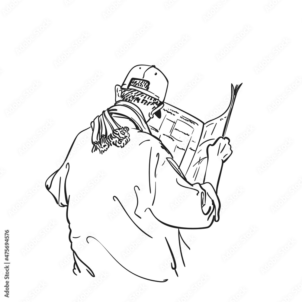 Indian man reading newspaper, vector drawing view from back, Hand drawn ...