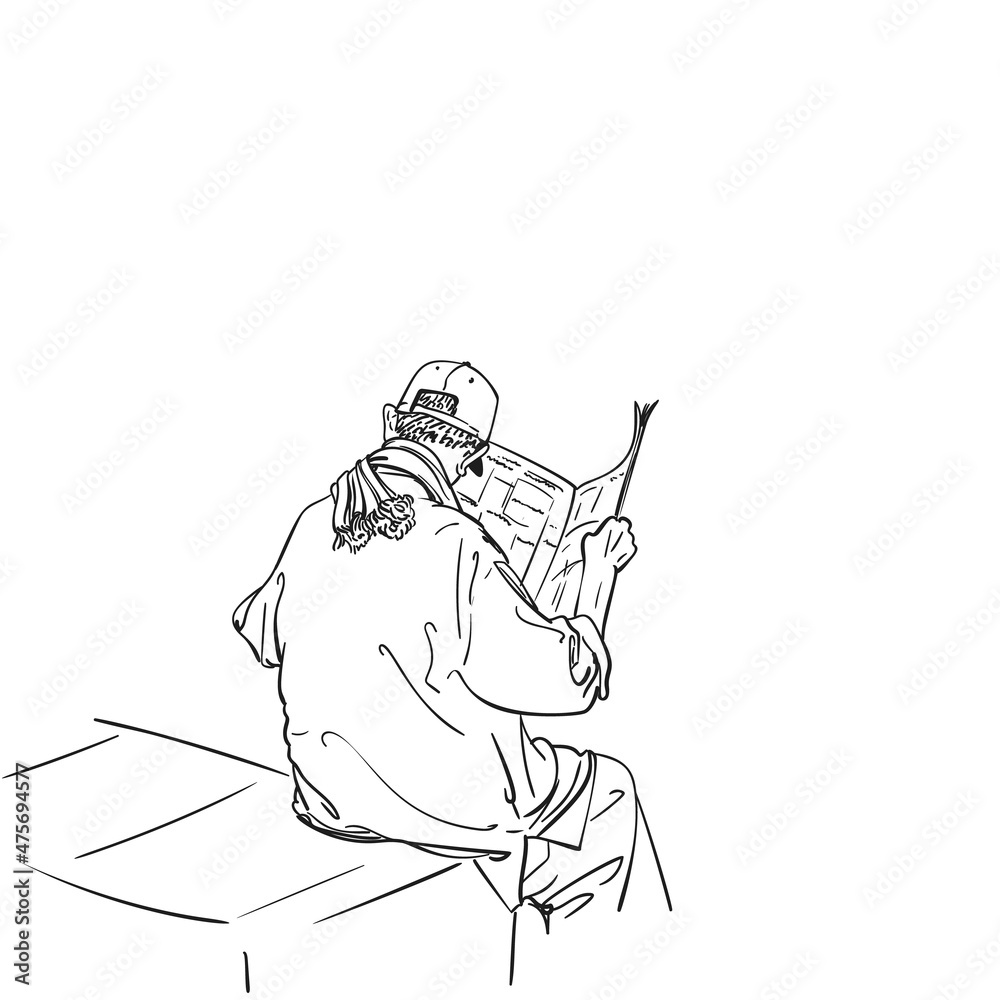 Indian man reading newspaper and sitting, vector drawing, Hand drawn ...