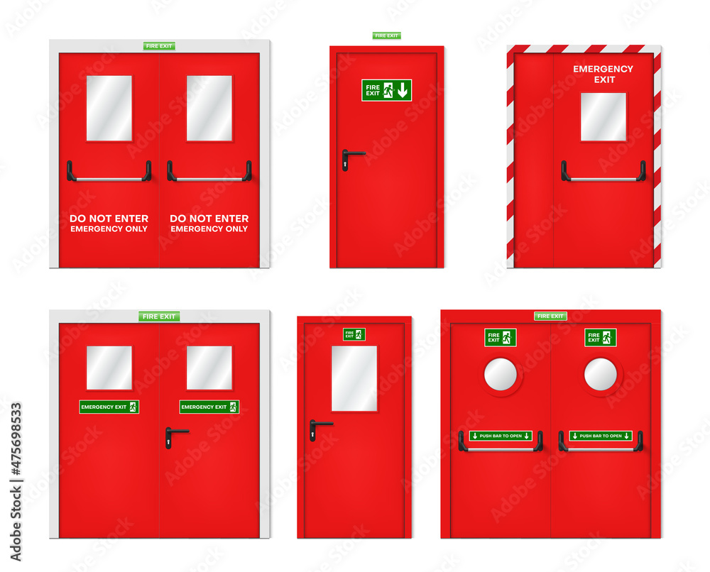 Emergency red door collection vector realistic set safety fire exit ...